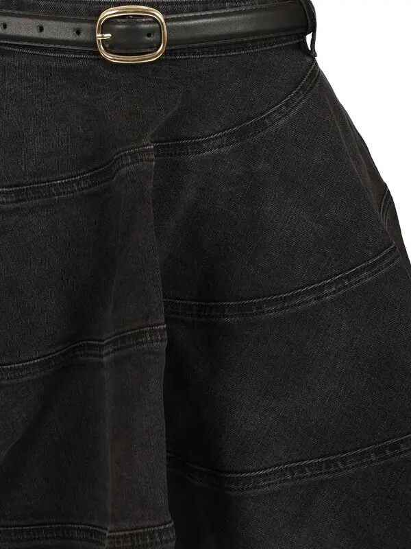 SELF-PORTRAIT Flared Denim Mini Skirt With Belt