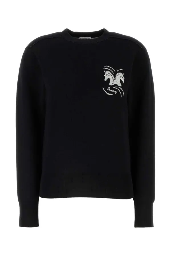 Burberry Stretch Wool Blend Crew Neck Sweater - Black