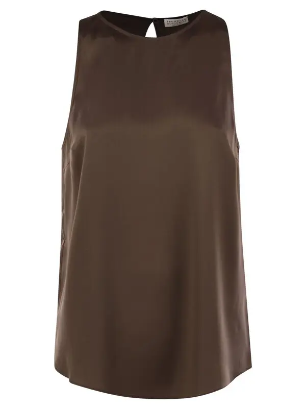 Brunello Cucinelli Stretch Silk Satin Top With Jewellery Embellishment - Brown