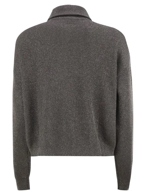 Brunello Cucinelli Cotton & Viscose Rib Knit High Collar Polo With Metallic Thread - Multicolor