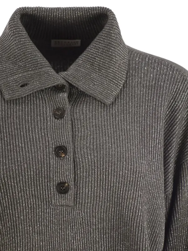 Brunello Cucinelli Cotton & Viscose Rib Knit High Collar Polo With Metallic Thread - Multicolor