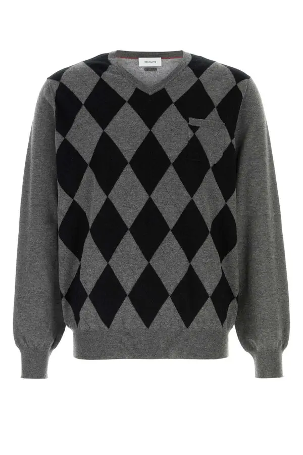 FERRAGAMO V-neck Argyle Pullover Sweater - Gray