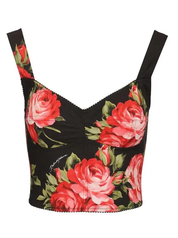 Dolce & Gabbana Rose Bouquet Print Bustier Top - Black