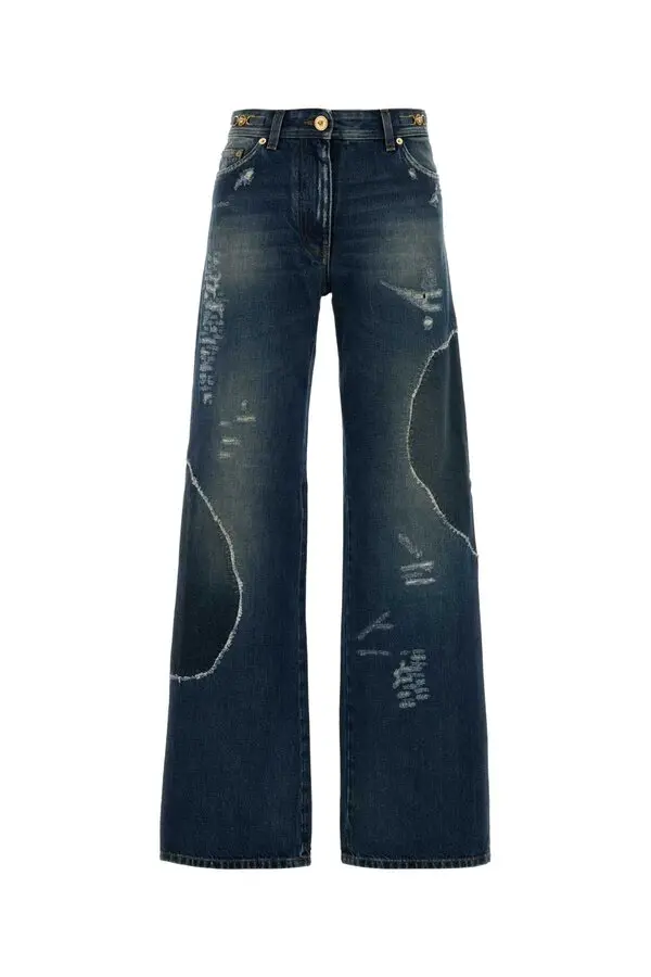 Versace Denim Wide-leg Jeans With Calf Leather Trim - Blue
