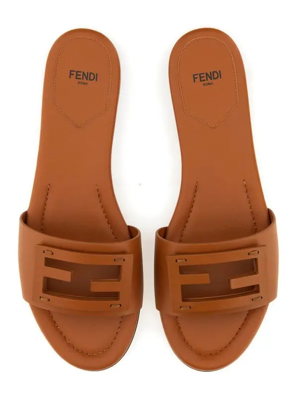 Fendi Leather Slide Sandals - Brown