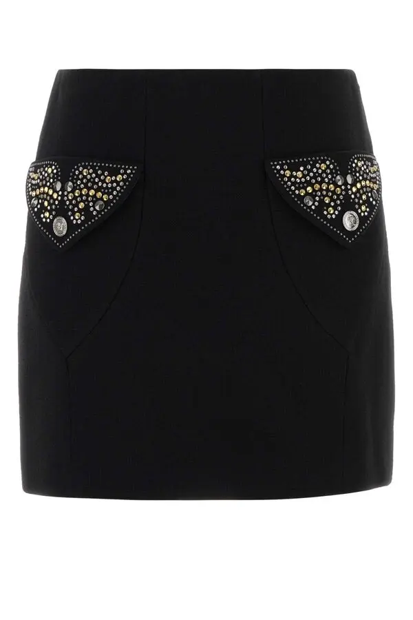 Versace Wool Mini Skirt With Embellished Pockets - Black