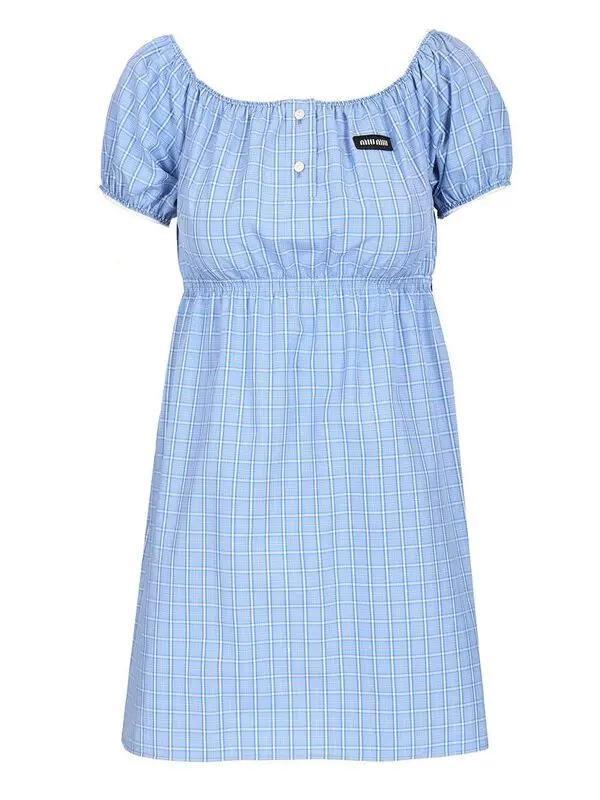 Miu Miu Cotton Poplin Mini Dress With Puff Sleeves - Blue