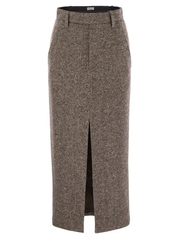Brunello Cucinelli Sartorial Pencil Skirt In Virgin Wool And Silk Mélange - Brown
