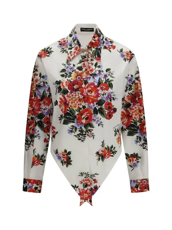 Dolce & Gabbana Cotton Shirt With Bouquet Print And Front Knot Detail - Multicolor