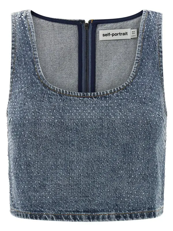 SELF-PORTRAIT Rhinestone Denim Crop Top - Blue
