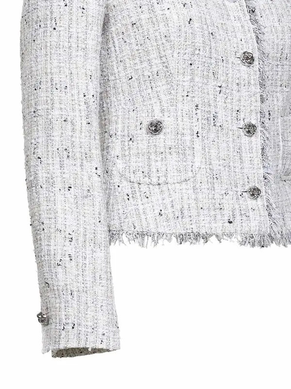 Tagliatore White Cotton Blend Tweed Jacket With Guru Collar
