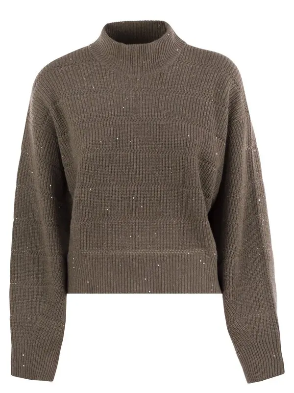 Brunello Cucinelli Cashmere And Wool Turtleneck Sweater With Sequins - Brown