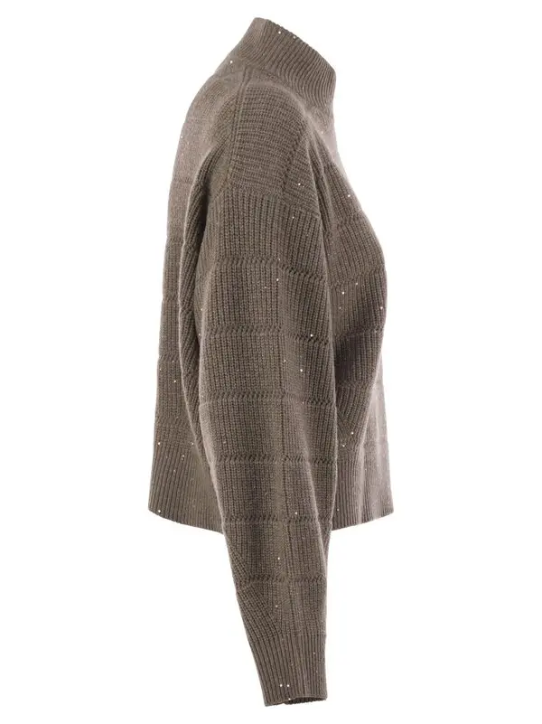 Brunello Cucinelli Cashmere And Wool Turtleneck Sweater With Sequins - Brown