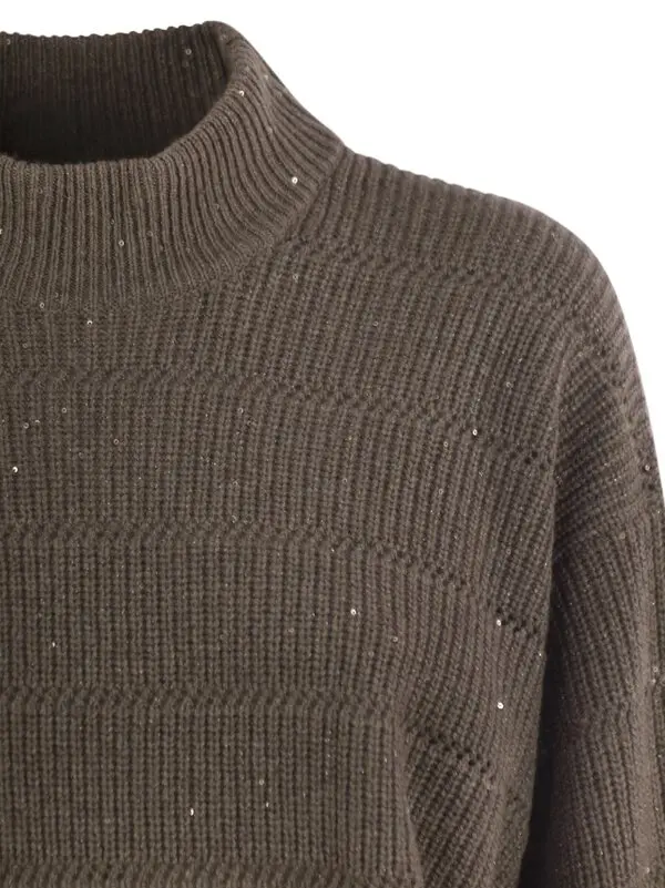 Brunello Cucinelli Cashmere And Wool Turtleneck Sweater With Sequins - Brown