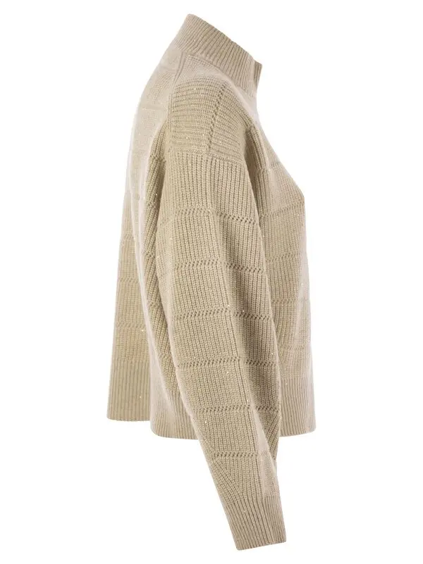 Brunello Cucinelli Cashmere And Wool Turtleneck Sweater With Sequins - Cream