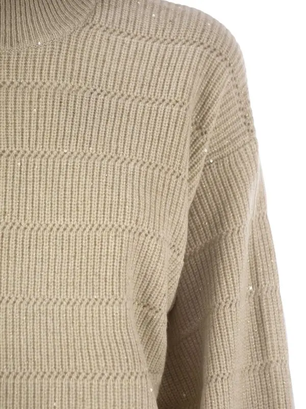 Brunello Cucinelli Cashmere And Wool Turtleneck Sweater With Sequins - Cream