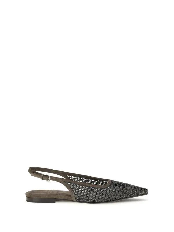Brunello Cucinelli Pointed Slingback Ballerinas With Precious Net Embroidery