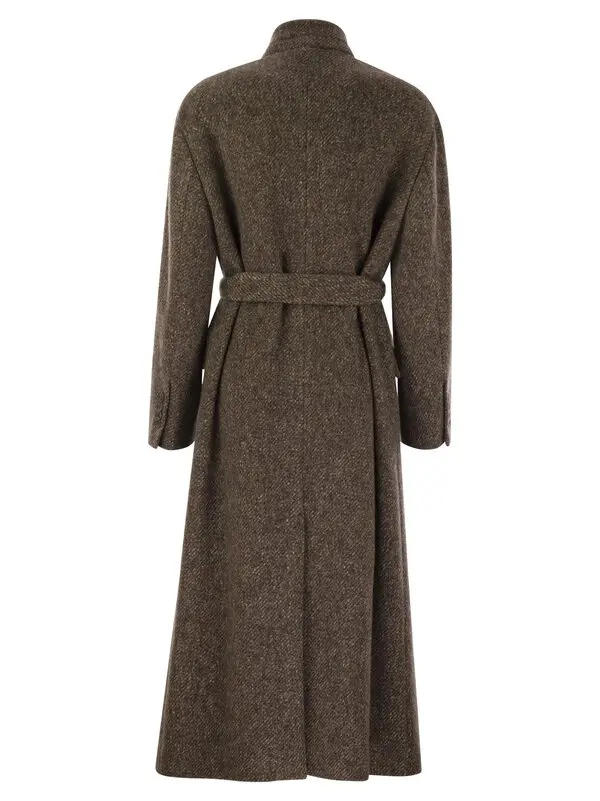 Brunello Cucinelli Wool And Cashmere Diagonal Mélange Coat With Belt