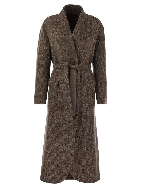 Brunello Cucinelli Wool And Cashmere Diagonal Mélange Coat With Belt - Brown