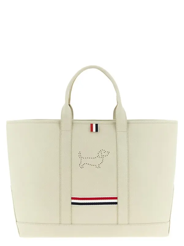 Thom Browne Pebble Grain Leather Tool Tote With Perforated Hector Detail - White