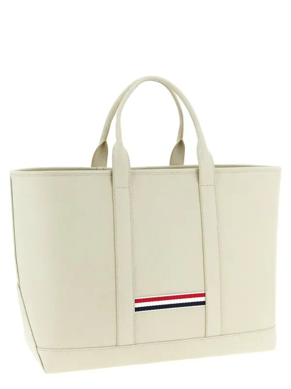 Thom Browne Pebble Grain Leather Tool Tote With Perforated Hector Detail - White