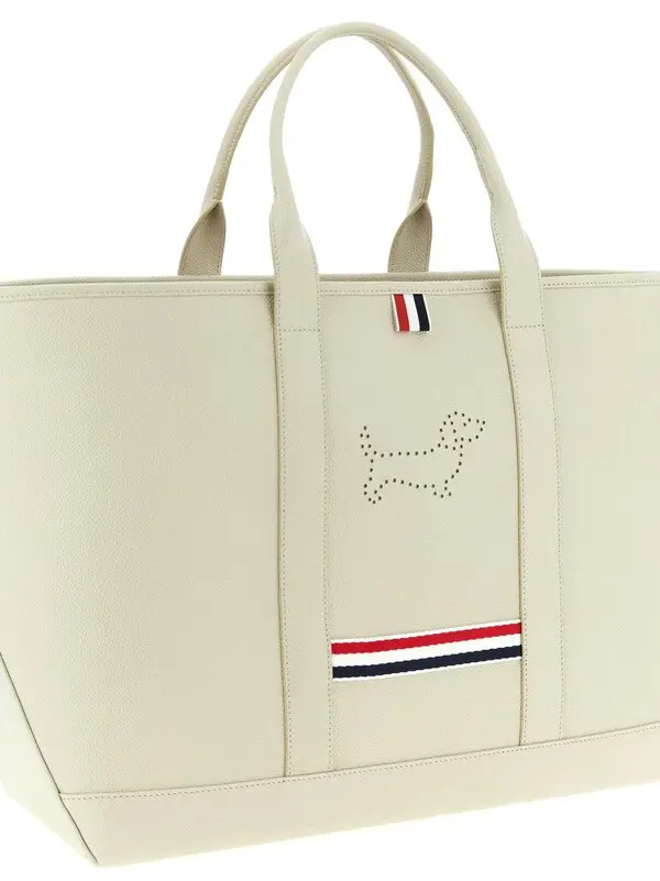 Thom Browne Pebble Grain Leather Tool Tote With Perforated Hector Detail - White