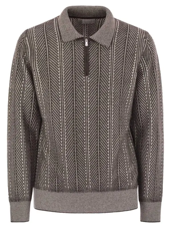 Brunello Cucinelli Vanisé Chevron Cashmere Polo Neck Sweater With Zip Opening - Gray