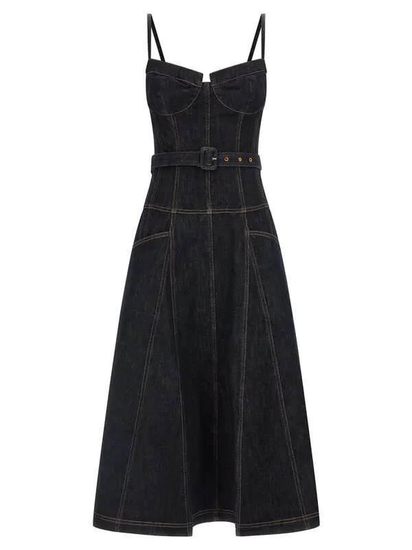 SELF-PORTRAIT Indigo Denim Flared Midi Dress - Blue