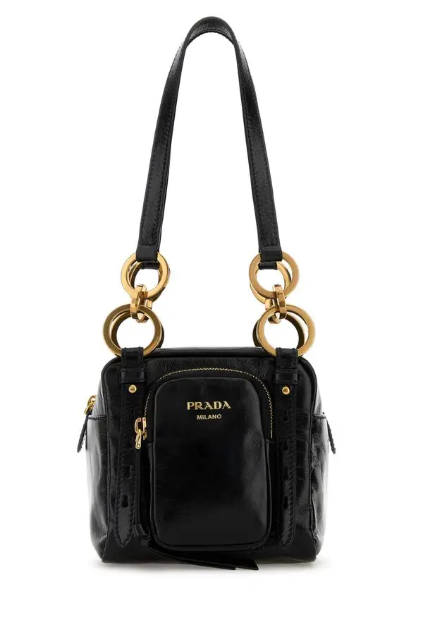 Prada Vitello Leather Mini Handbag With Gold Tone Hoop Handles - Black