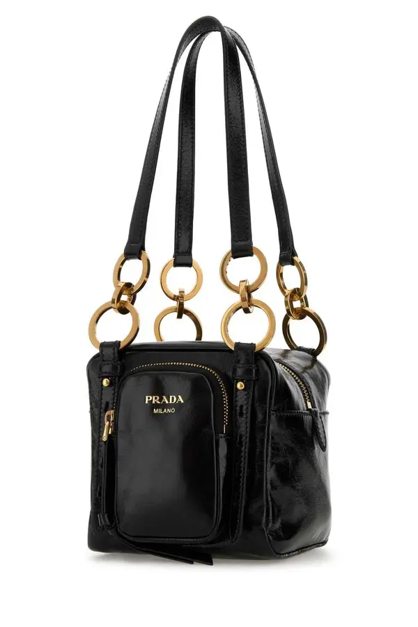 Prada Vitello Leather Mini Handbag With Gold Tone Hoop Handles - Black