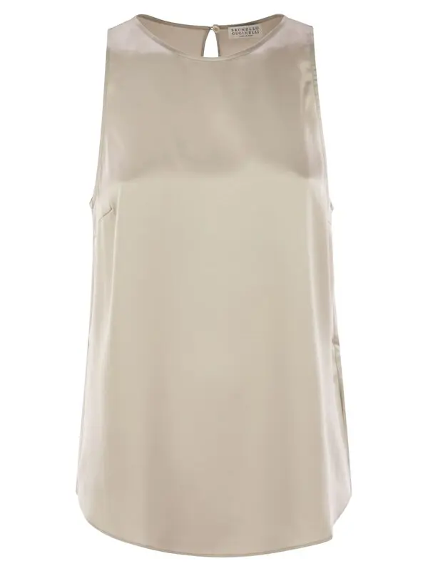 Brunello Cucinelli Stretch Silk Satin Top With Jewel Detail - Cream