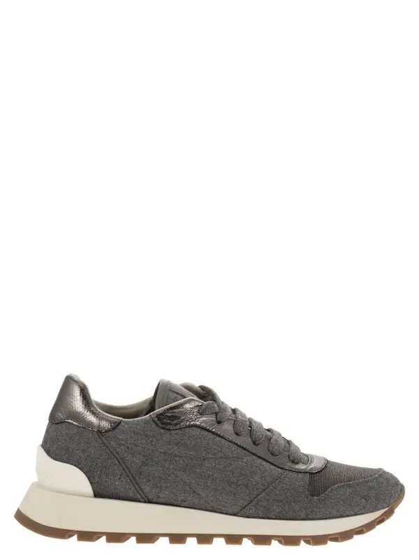Brunello Cucinelli Virgin Wool Flannel And Lamé Calfskin Runners With Monile Embellishment - Gray