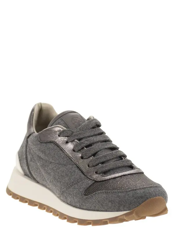 Brunello Cucinelli Virgin Wool Flannel And Lamé Calfskin Runners With Monile Embellishment - Gray