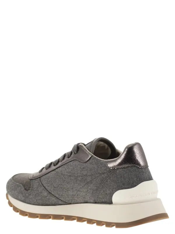 Brunello Cucinelli Virgin Wool Flannel And Lamé Calfskin Runners With Monile Embellishment - Gray