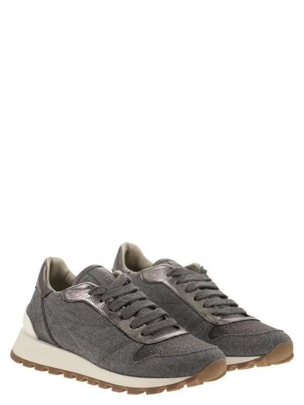 Brunello Cucinelli Virgin Wool Flannel And Lamé Calfskin Runners With Monile Embellishment - Gray