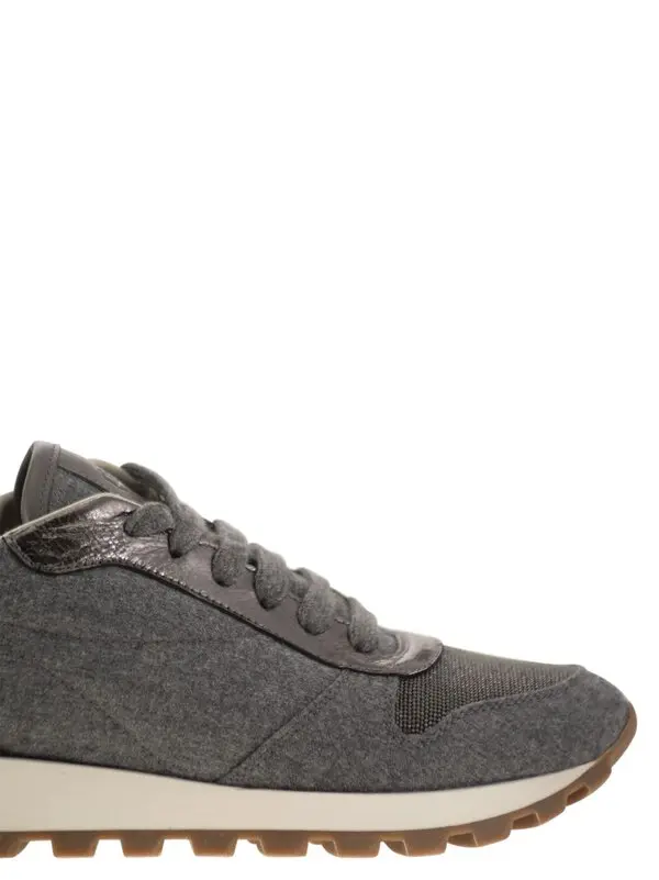 Brunello Cucinelli Virgin Wool Flannel And Lamé Calfskin Runners With Monile Embellishment - Gray