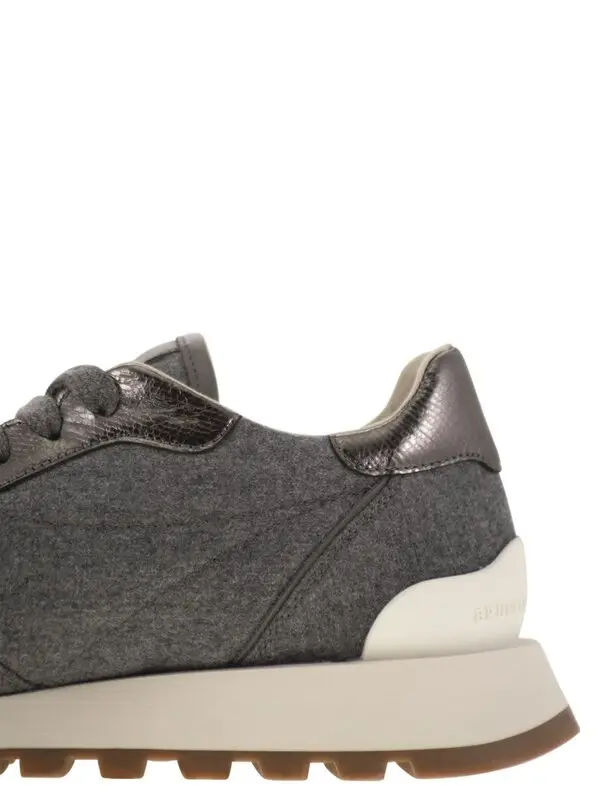 Brunello Cucinelli Virgin Wool Flannel And Lamé Calfskin Runners With Monile Embellishment - Gray