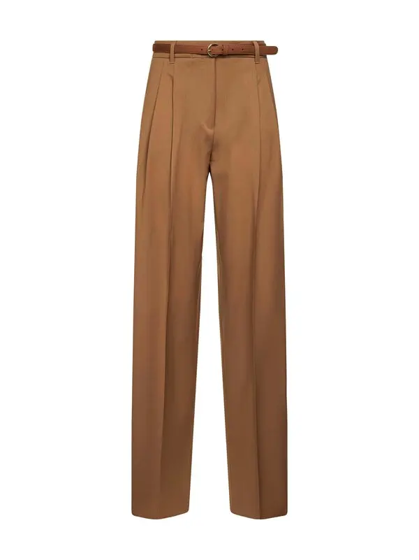 Max Mara Camel Stretch Wool Canvas Fluid Trousers