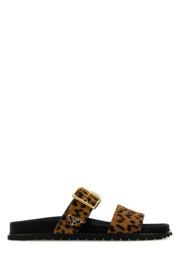 Prada Printed Calf Hair Slippers With Buckle Detail - Multicolor