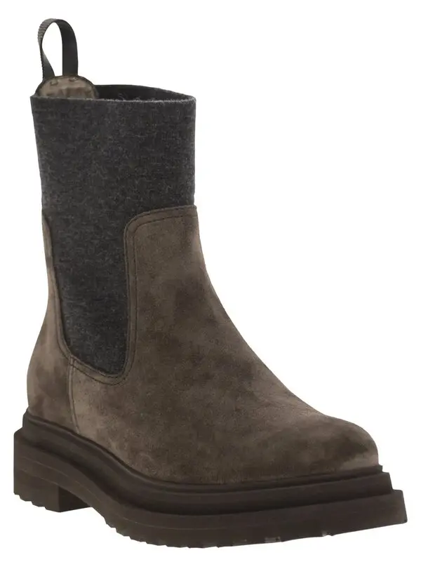 Brunello Cucinelli Suede And Knit Chelsea Boots With Embellished Loop