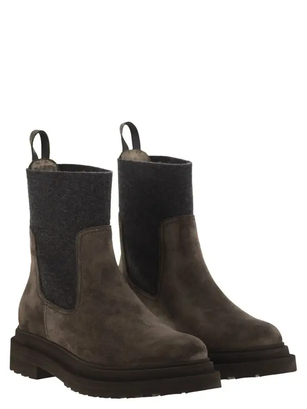 Brunello Cucinelli Suede And Knit Chelsea Boots With Embellished Loop