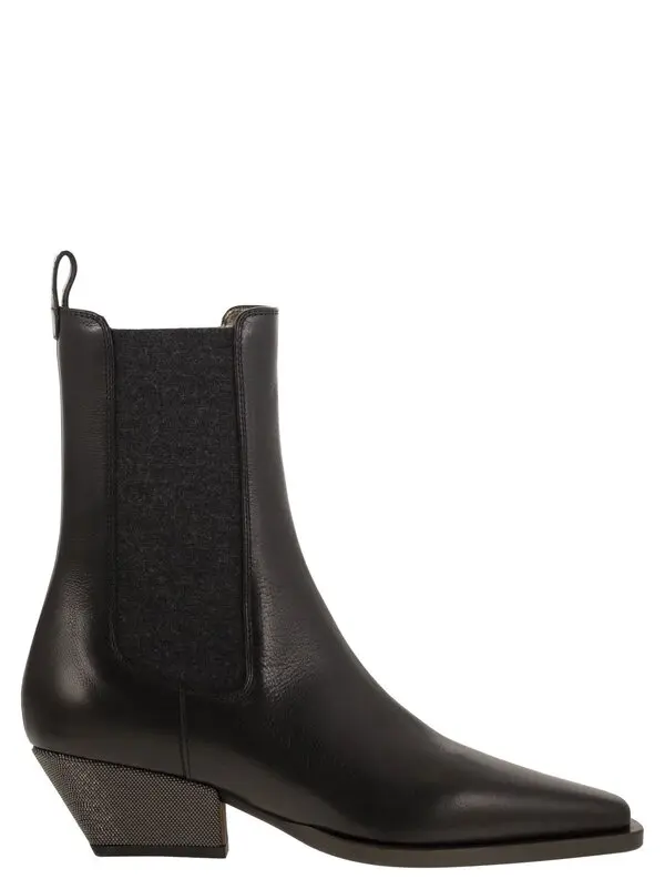 Brunello Cucinelli Classic Leather Chelsea Boots With Embellished Block Heels - Black