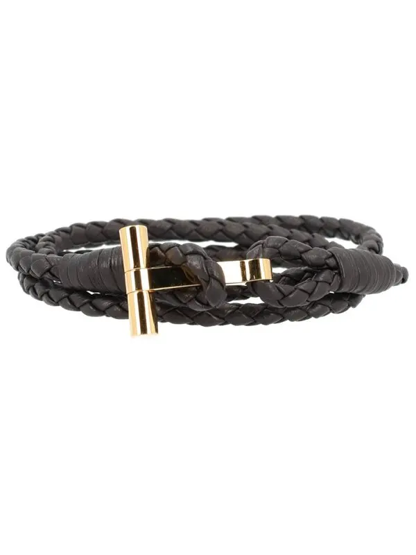 TOM FORD Braided Leather Bracelet With Gold Tone Clasp - Brown