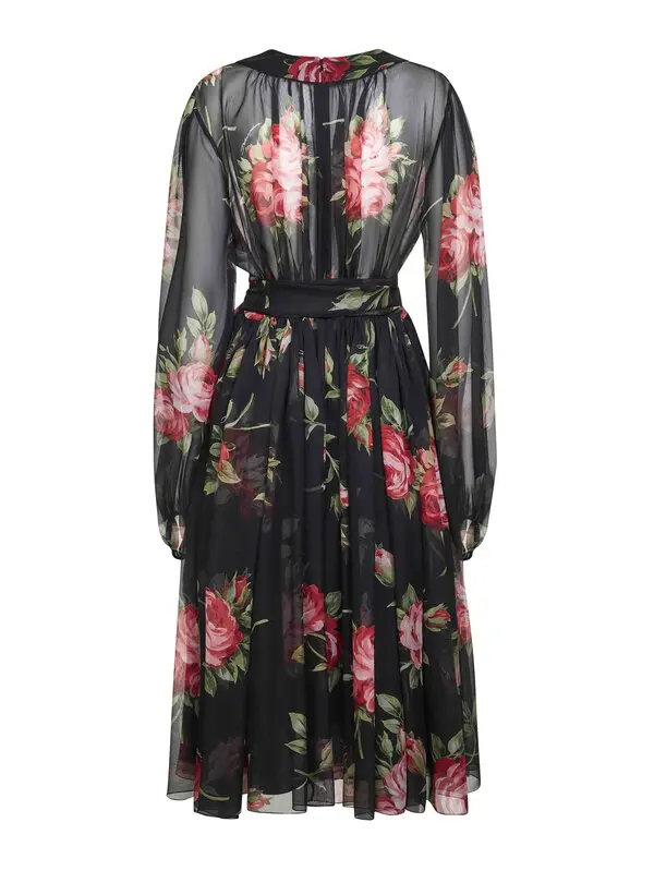 Dolce & Gabbana Black Rose Bouquet Printed Chiffon Dress