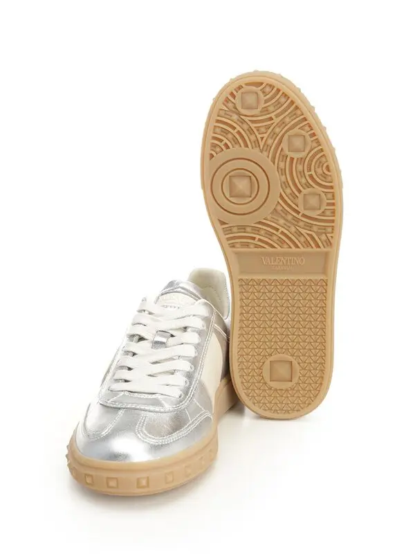 Valentino Garavani Upvillage Sneaker In Laminated Calfskin - Silver