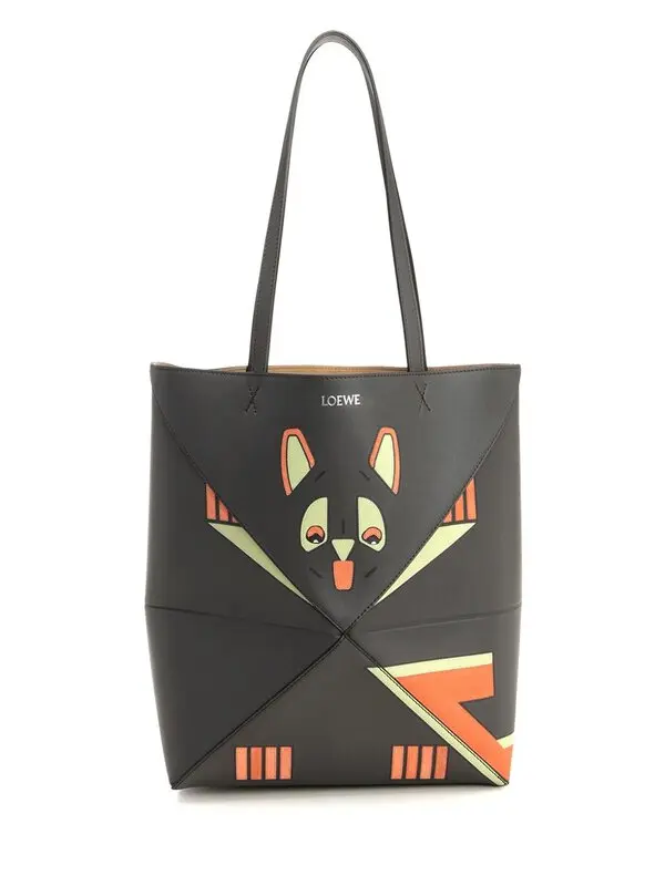 Loewe Medium Puzzle Fold Tote Bag In Calfskin Leather With Futurist Cat Motif - Brown