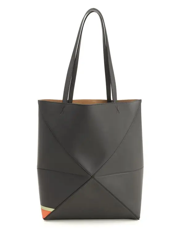 Loewe Medium Puzzle Fold Tote Bag In Calfskin Leather With Futurist Cat Motif - Brown