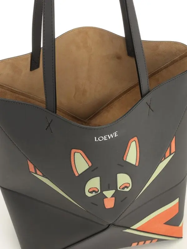 Loewe Medium Puzzle Fold Tote Bag In Calfskin Leather With Futurist Cat Motif - Brown
