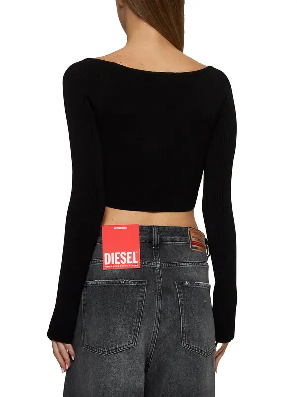 DIESEL® Black Ribbed Knit Off-the-shoulder Cropped Top - Multicolor