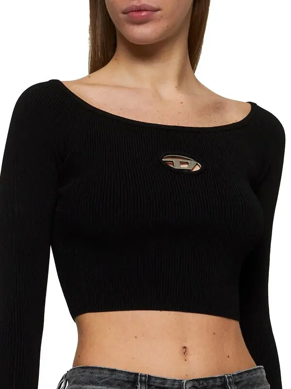 DIESEL® Black Ribbed Knit Off-the-shoulder Cropped Top - Multicolor